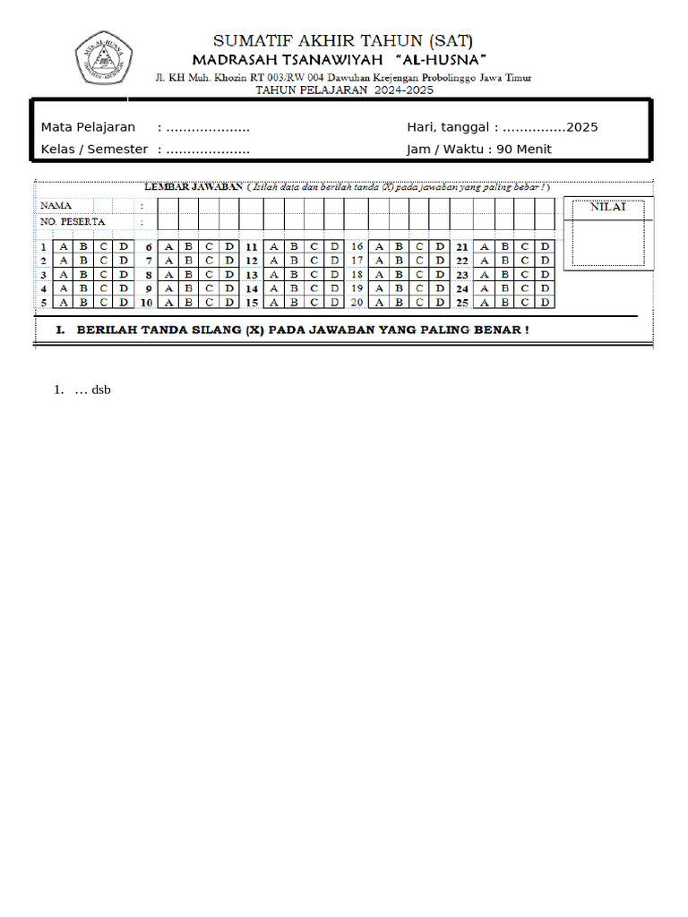 Format Soal Sat MTS | PDF