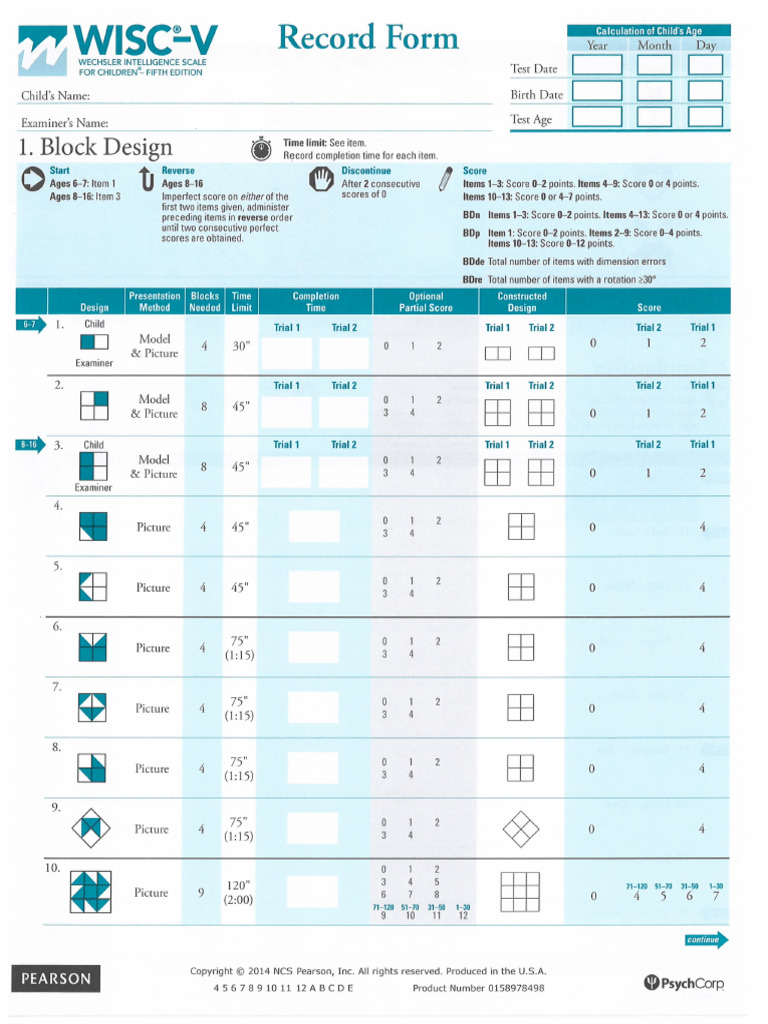 WISC V Record Form | PDF