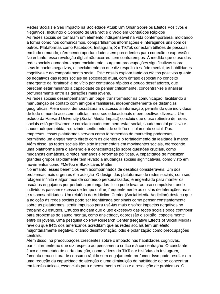 Efeitos das Redes Sociais na Sociedade | PDF | Pensamento | Rede social