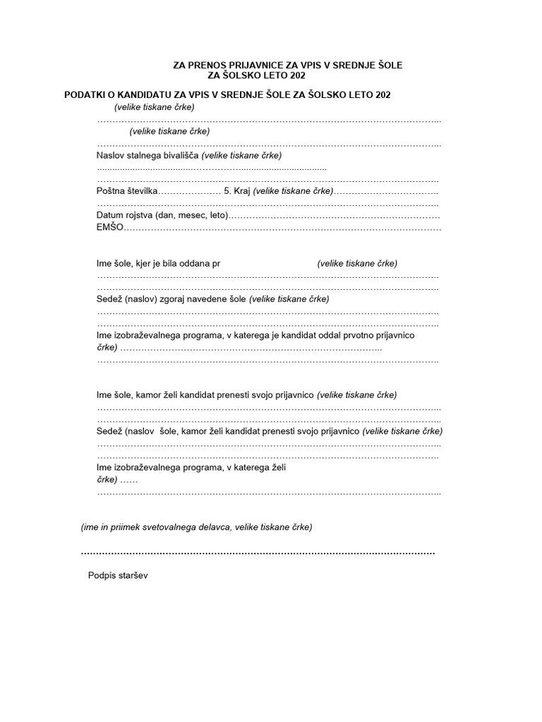 Obrazec Za Prenos Prijavnice Za Vpis V Srednjo Solo | PDF