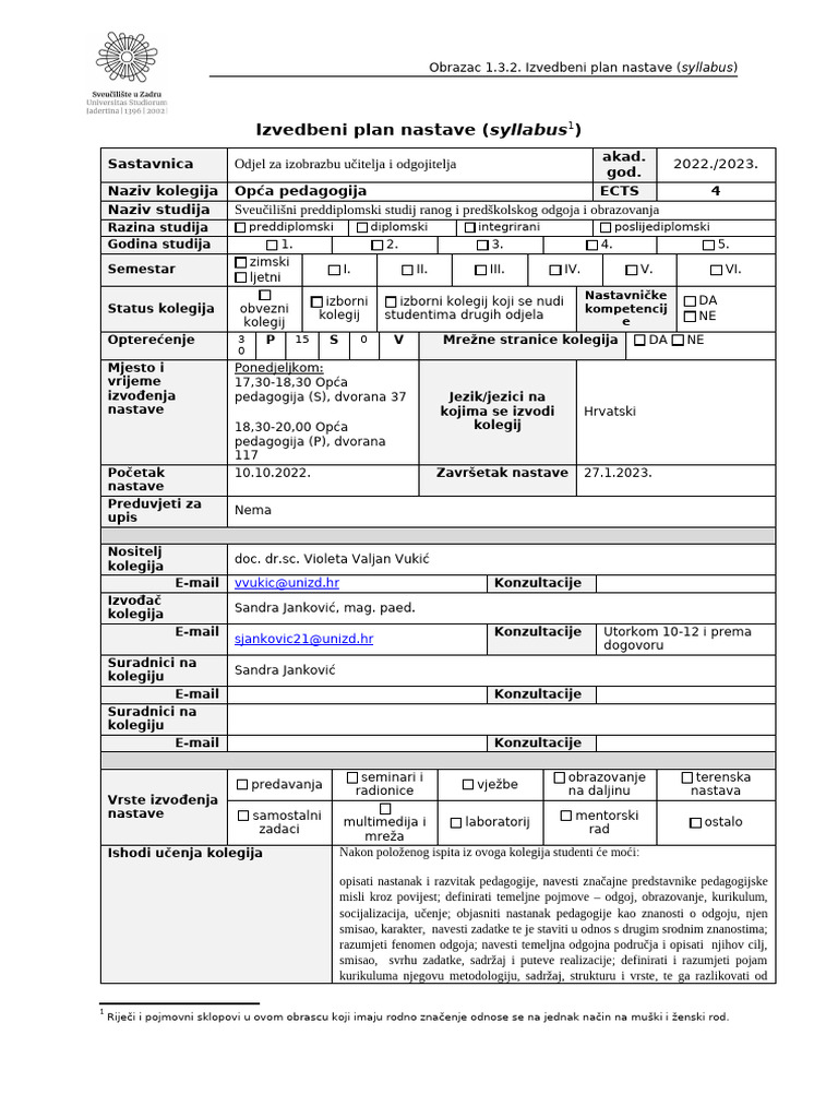 Izvedbeni Plan - Opća Pedagogija | PDF