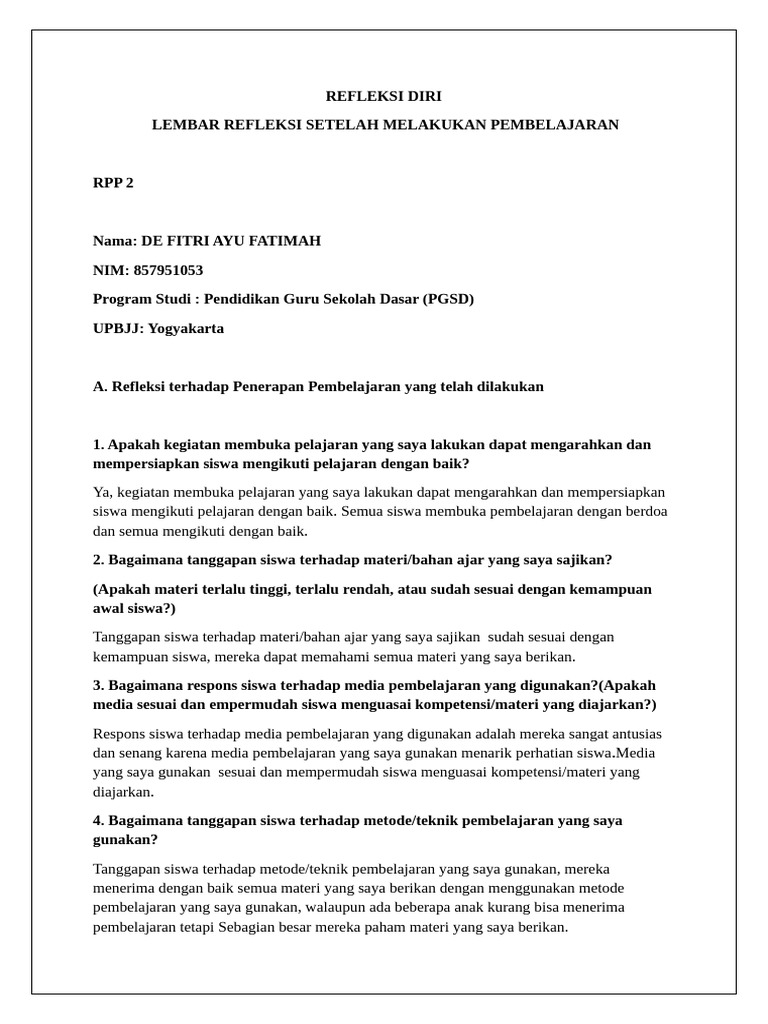 Lembar Refleksi RPP 2 - de Fitri Ayu | PDF