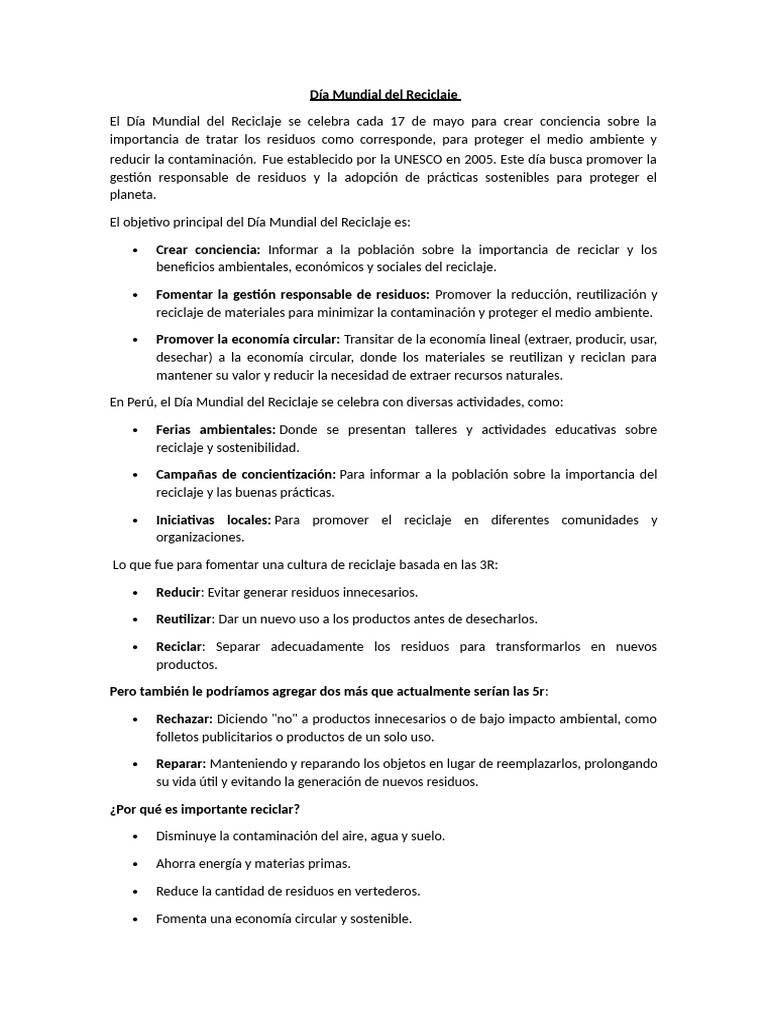 Día Mundial Del Reciclaje | PDF | Reciclaje | Residuos