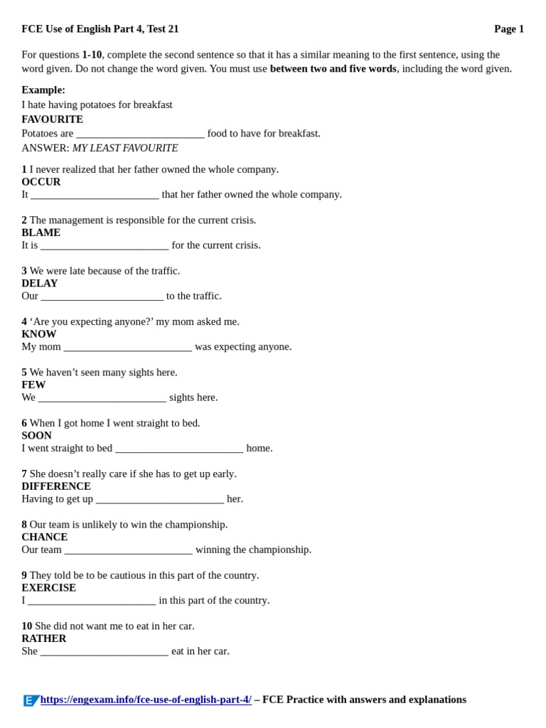 FCE Use of English Part 4: Test 21 | PDF | Question | Languages