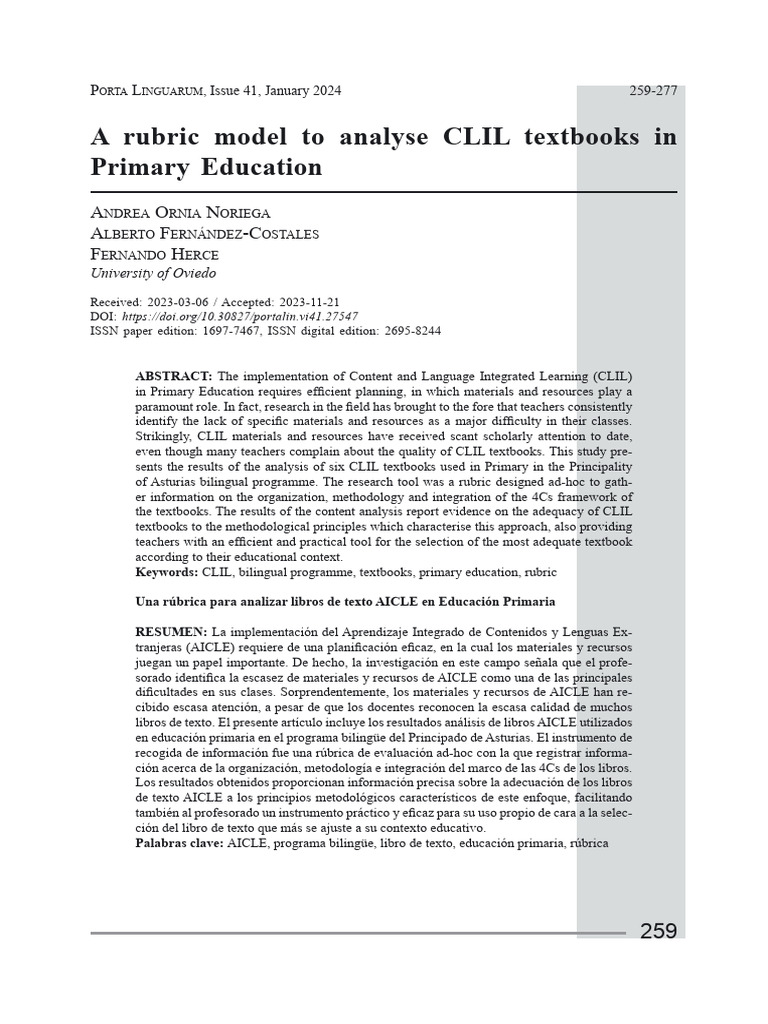A Rubric Model To Analyse CLIL Textbooks in Primary Education | PDF | Learning | Cognition