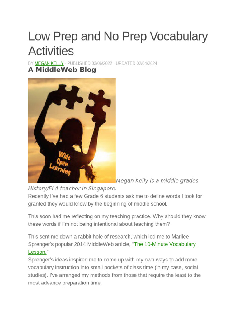 Low Prep and No Prep Vocabulary Activities | PDF | Vocabulary | Cognition