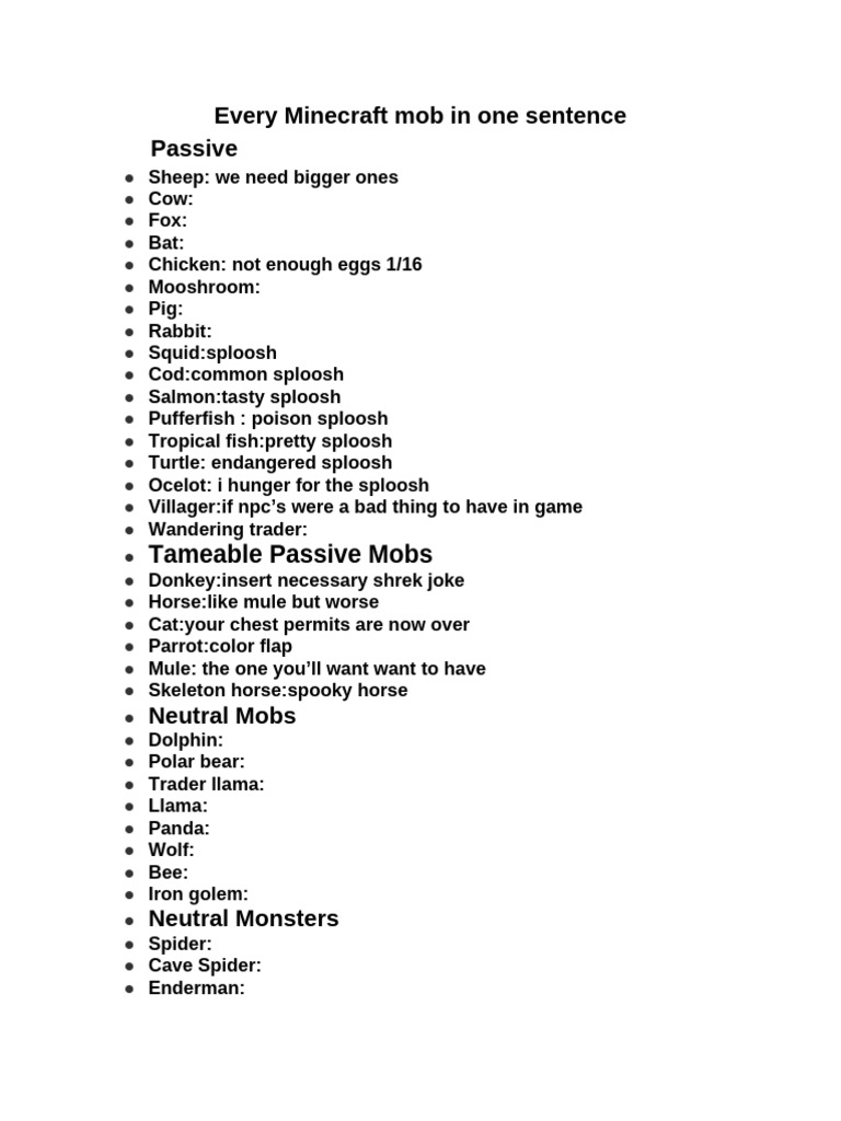 Every Minecraft Mob in One Sentence (Kirbosh) | PDF