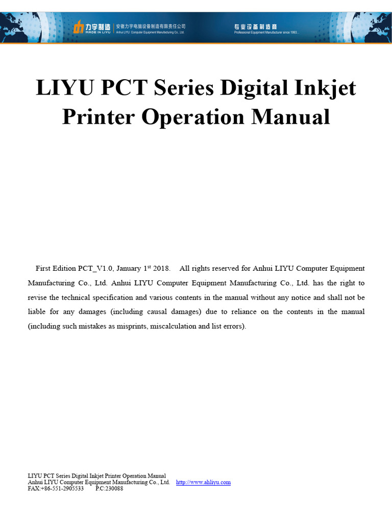 LIYU PCT Series Digital Inkjet Printer Operation Manual | PDF | Printer (Computing) | Pump