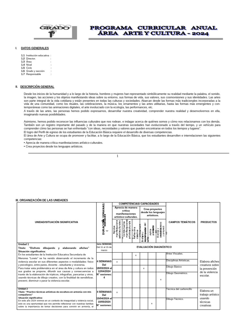 Programacion Anual 2024 Arte y Cultura 1ro Grado | PDF | Evaluación | Bailes