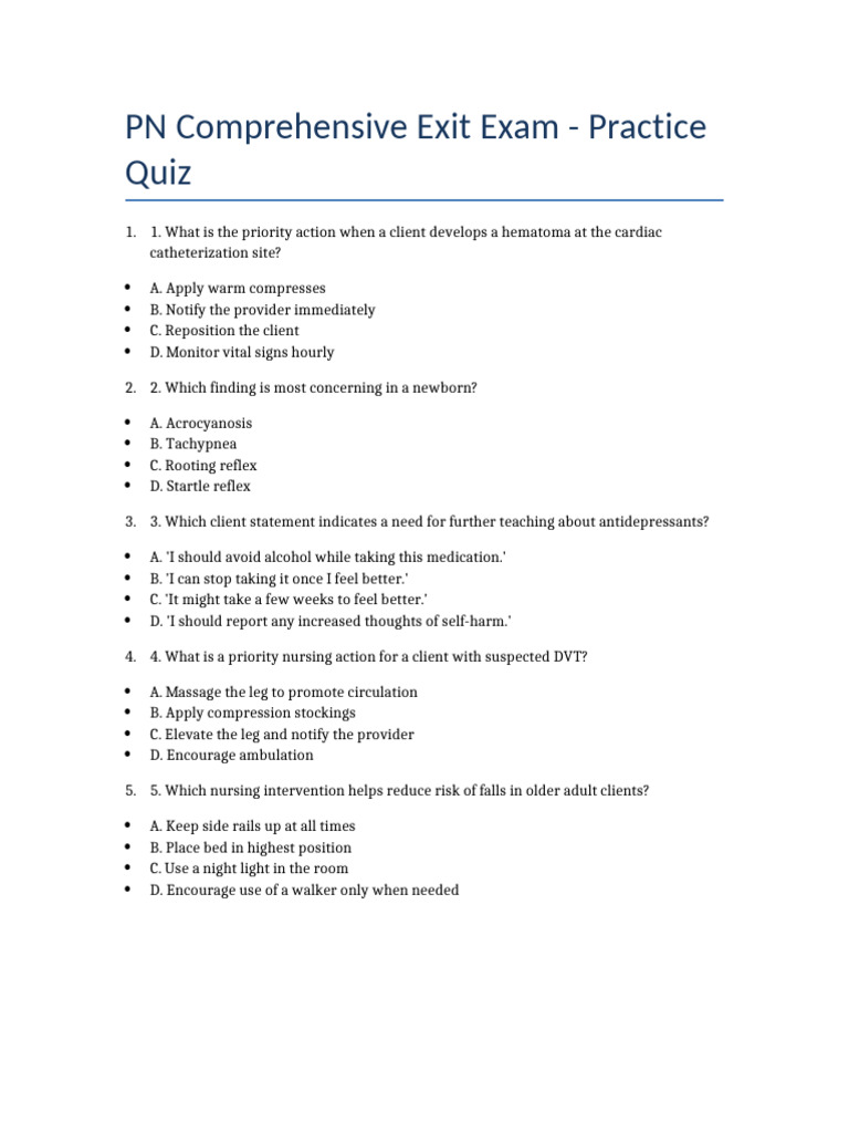 PN Exit Exam Practice Quiz With Answers | PDF
