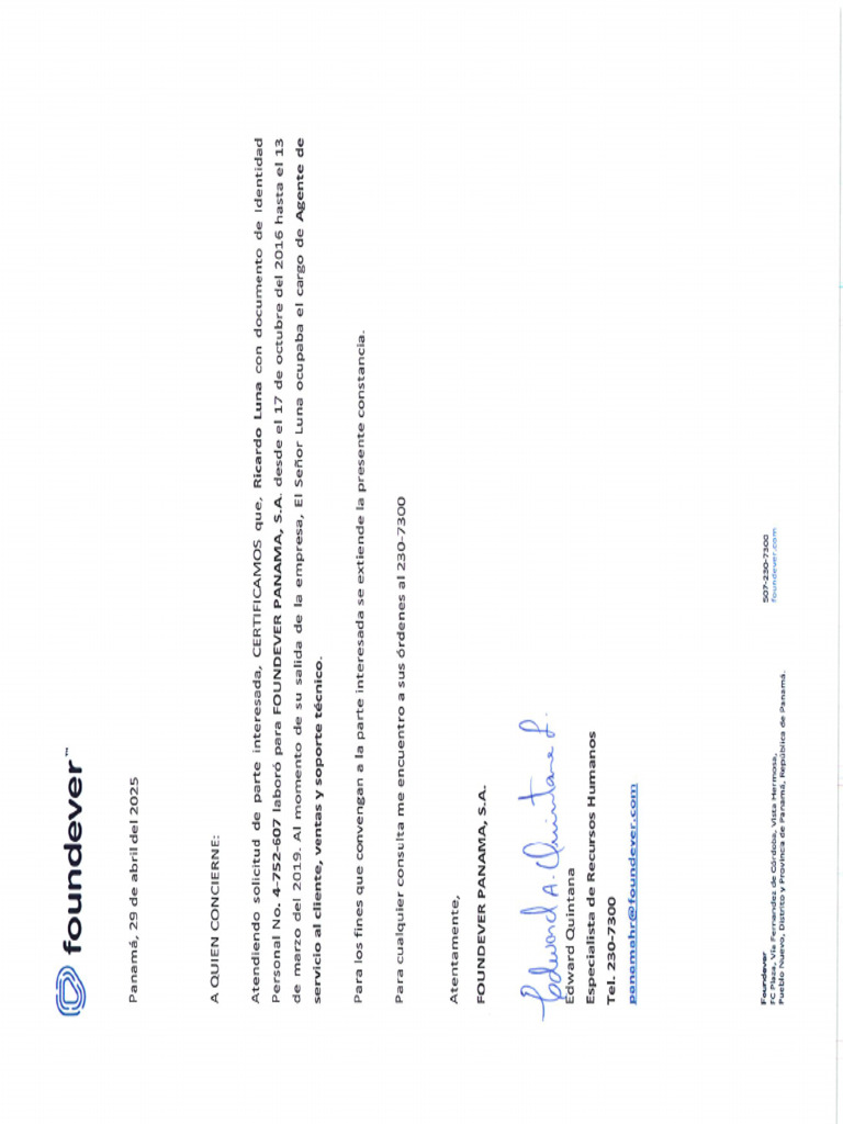 Constancia Laboral Foundever 2016 | PDF