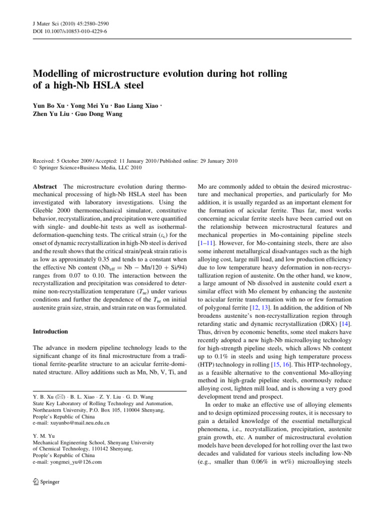 Modelling of Microstructure Evolution During Hot Rolling of A High-Nb HSLA Steel (Etc.) (Z ...