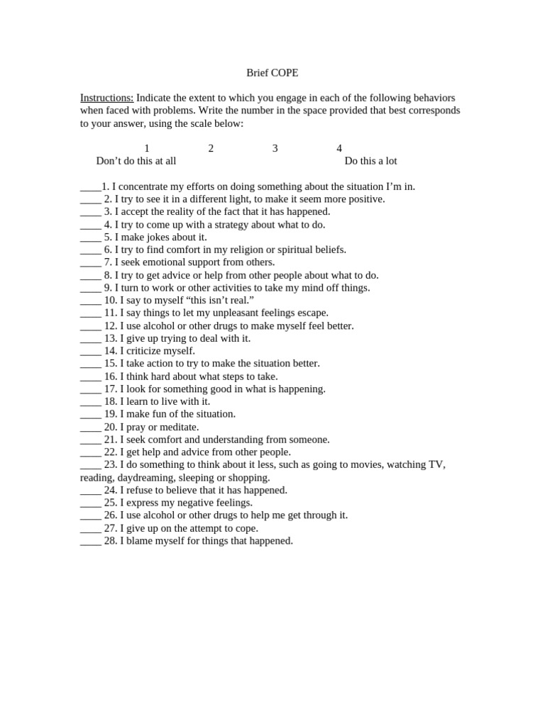 Brief COPE Scale Assessment | PDF