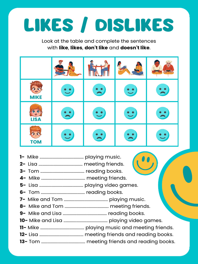 Likes and Dislikes Grammar Worksheet in Turquoise White Fun Style PDF | PDF