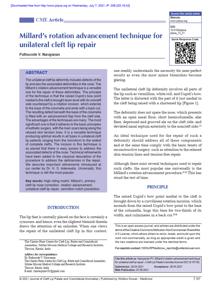 Millard's Technique for Cleft Lip Repair | PDF | Human Nose | Plastic ...