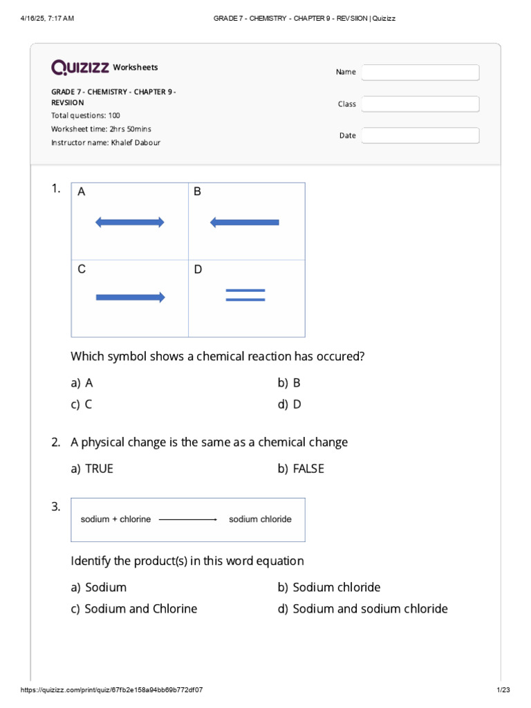 Grade 7 - Chemistry - Chapter 9 - Revsiion | PDF | Chemical Reactions | Combustion
