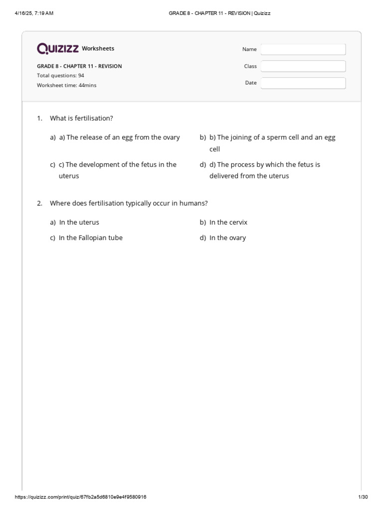 Grade 8 Fertilization Revision Worksheet | PDF | Uterus | Fertilisation