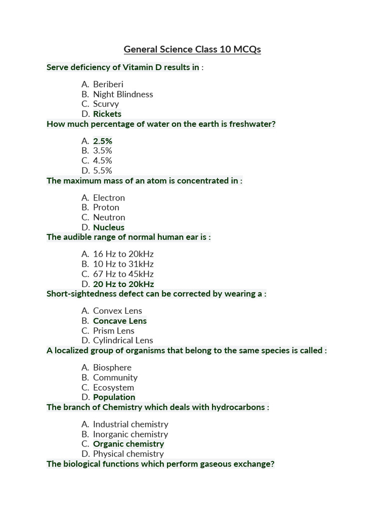 General Science Class 10 MCQs | PDF | Zygosity | Biology
