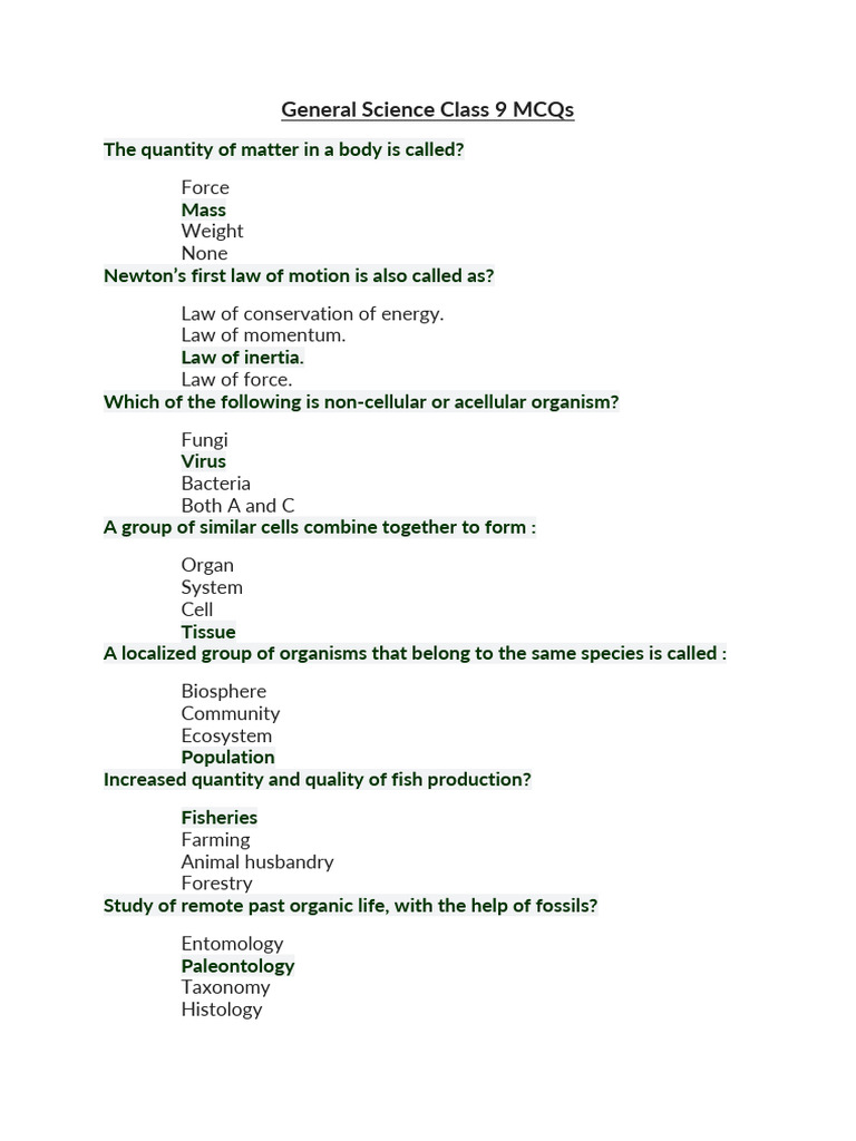 General Science Class 9 MCQs | PDF | Chemical Bond | Ion