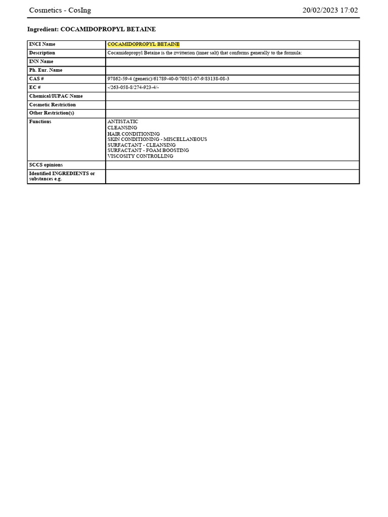COSING - Ingredient Cocamidopropyl Betaine | PDF