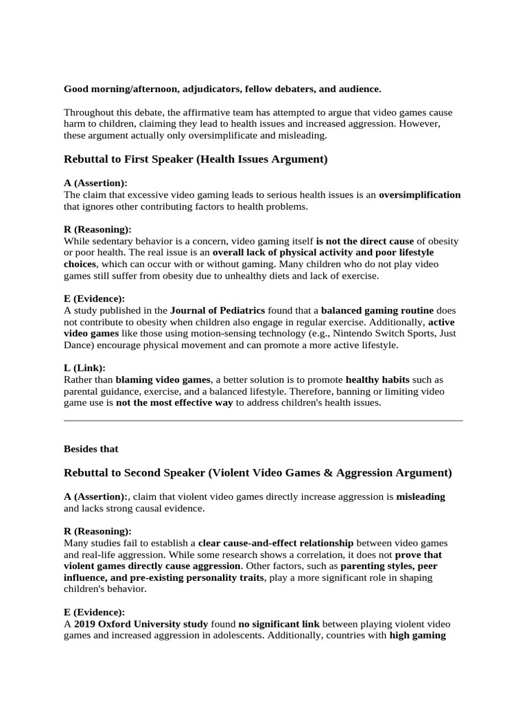 Third Speaker Rebuttals and Summarize | PDF | Aggression | Video Games
