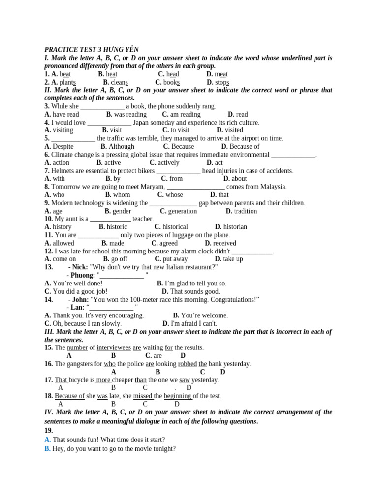 Practice Test 3 for English Learners | PDF | Cost Of Living | Natural ...
