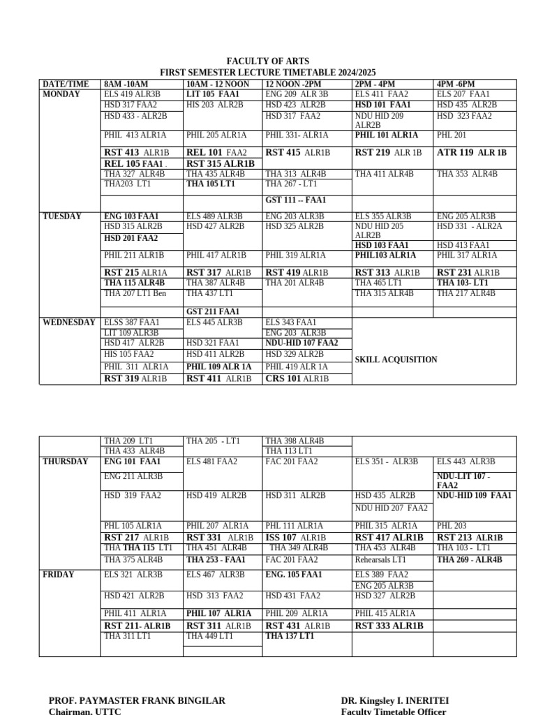 2024 Faculty of Arts Lecture Timetable | PDF