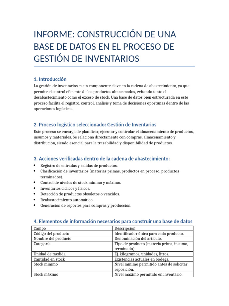 Informe Base de Datos Gestion de Inventarios | PDF | Bases de datos | Logística