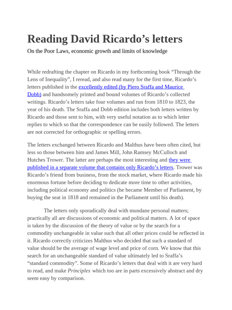 Reading David Ricardo's Letters | PDF | Economics | Capitalism