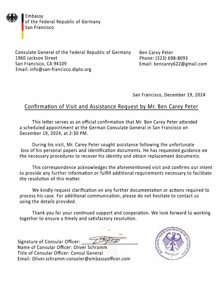 Confirmation Letter On Embassy Visitation | PDF
