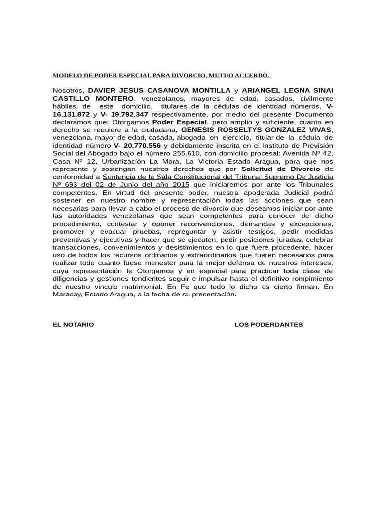 MODELO DE PODER ESPECIAL PARA DIVORCIO, MUTUO ACUERDO. | PDF