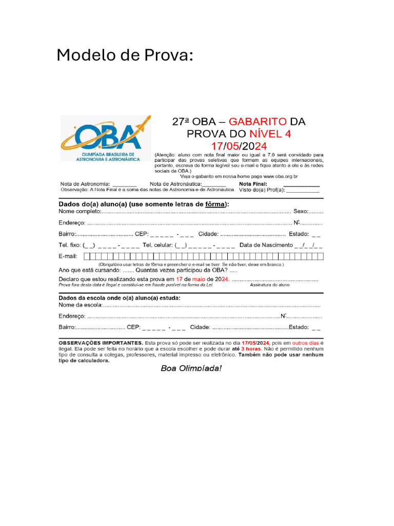 Modelo de Prova - OBA | PDF