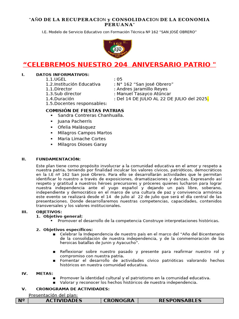 Plan de Fiestas Patrias 2025 Miss Milagros | PDF | Aprendizaje