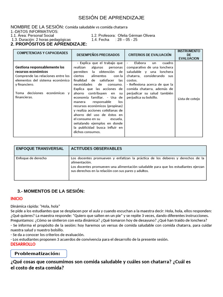 28-05 PS Comida Saludable VS Comida Chatarra | PDF | Enseñando | Evaluación