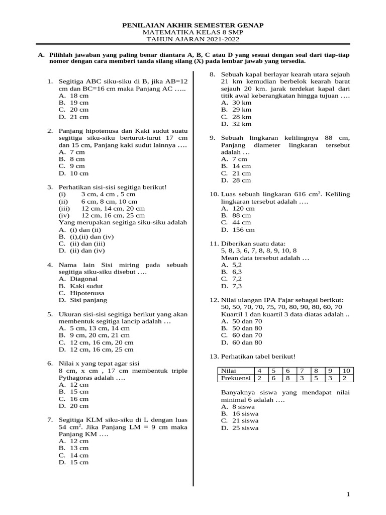 Soal MTK 8 Ukk | PDF