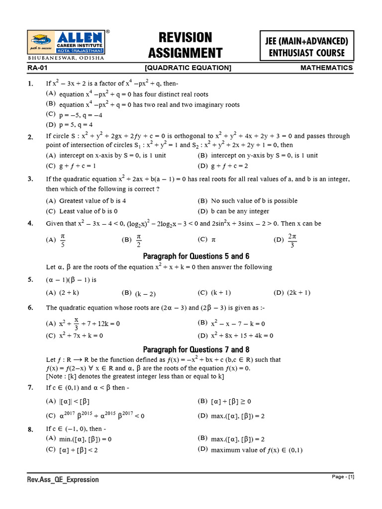 Rev-Ass - Math - Quadratic Equation - SC | PDF | Equations | Quadratic Equation