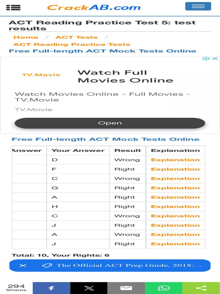 ACT Reading Practice Test 5 Test Results | PDF