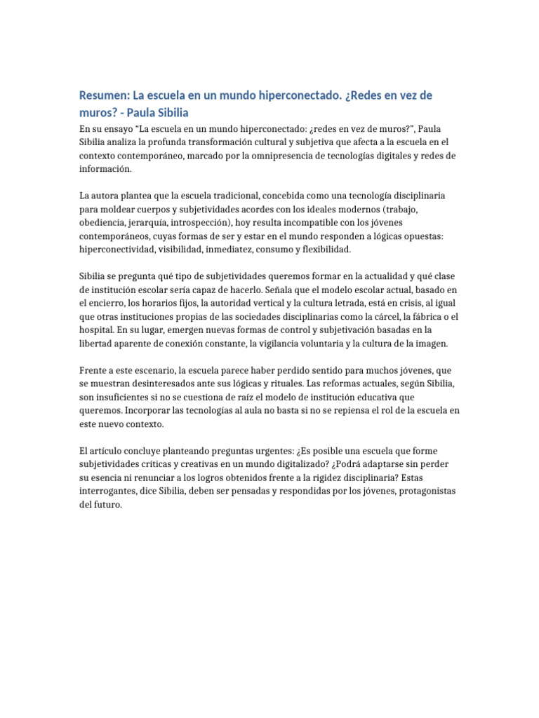 Resumen Sibilia Escuela Hiperconectada | PDF