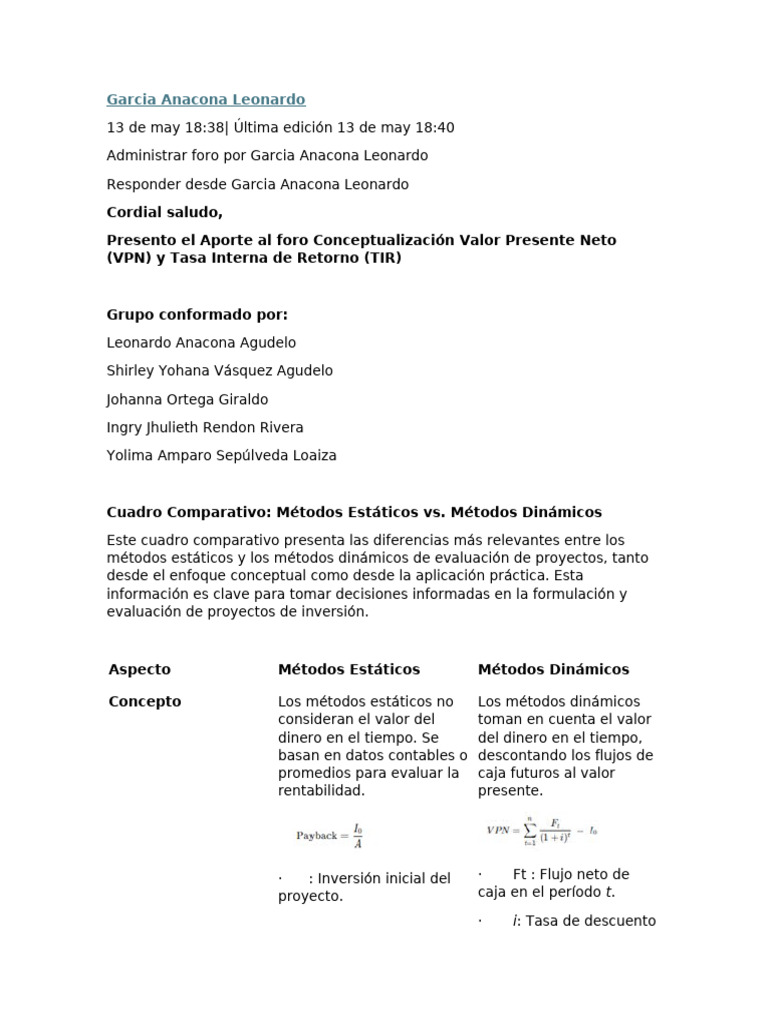 Aporte A Retroalimentar | PDF | Tasa interna de retorno | Inversiones