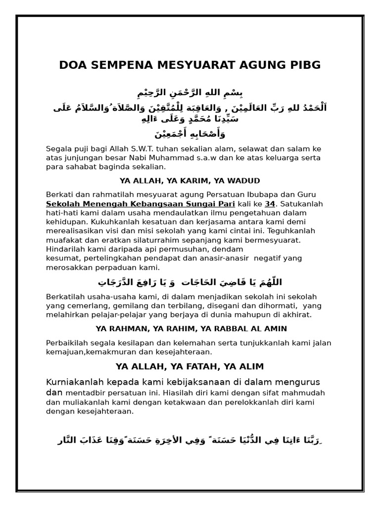 Doa Sempena Mesyuarat Agung Pibg | PDF