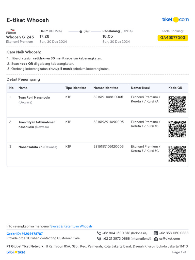 E-Tiket Whoosh - Order ID 1294678787 - 1325498023 | PDF