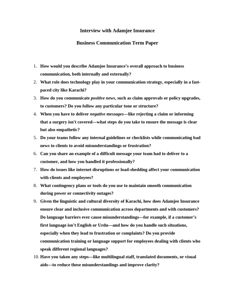 Interview With Adamjee Insurance | PDF | Communication | Human ...