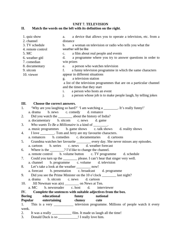 Ôn tập và kiểm tra học kì Tiếng anh 6 UNIT 7 (1) | PDF | Entertainment | Television