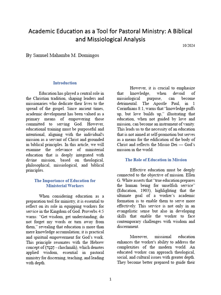 Academic Education As A Tool For Pastoral Ministry, A Biblical and ...