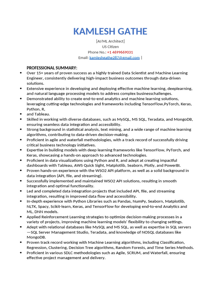 Kamlesh-AI - ML Architect | PDF | Machine Learning | Apache Spark