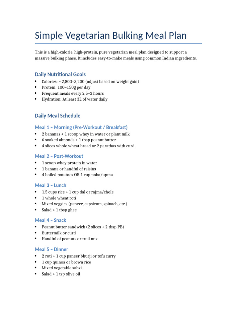 Vegetarian Bulking Meal Plan | PDF