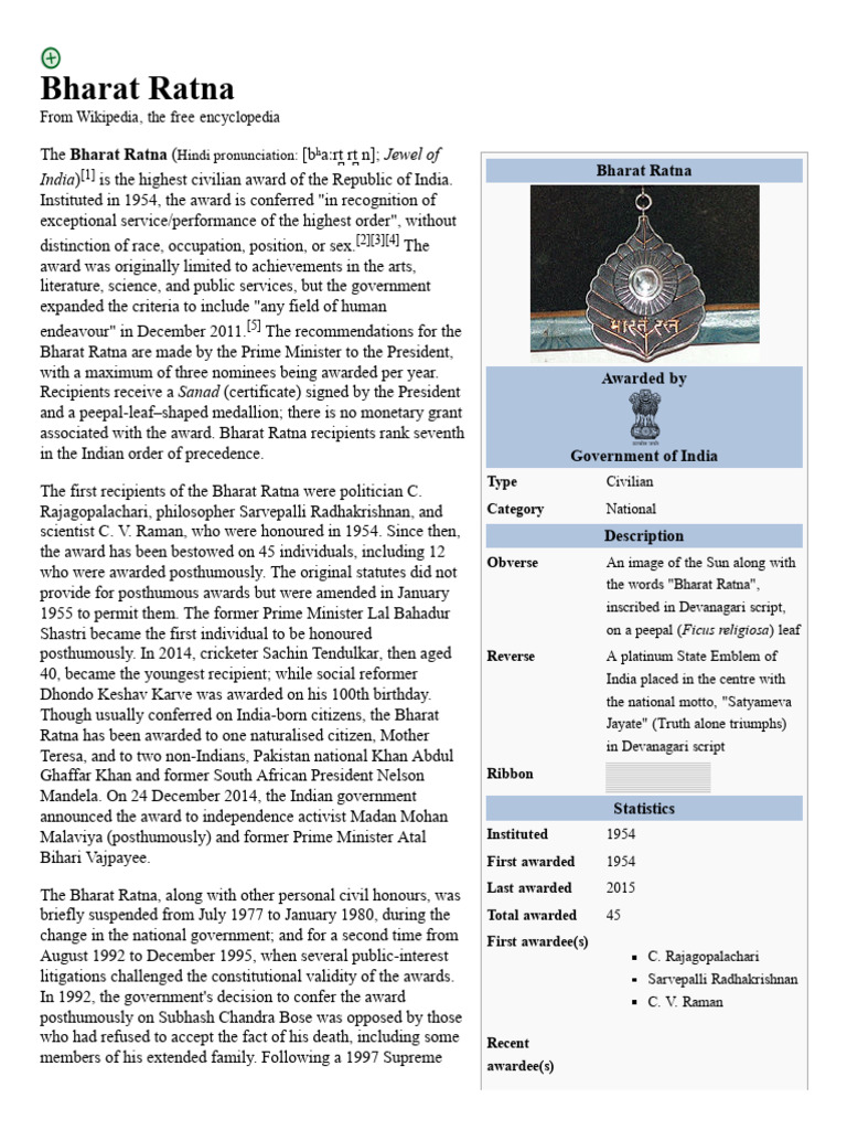 Bharat Ratna - Wikipedia, the free encyclopedia | PDF