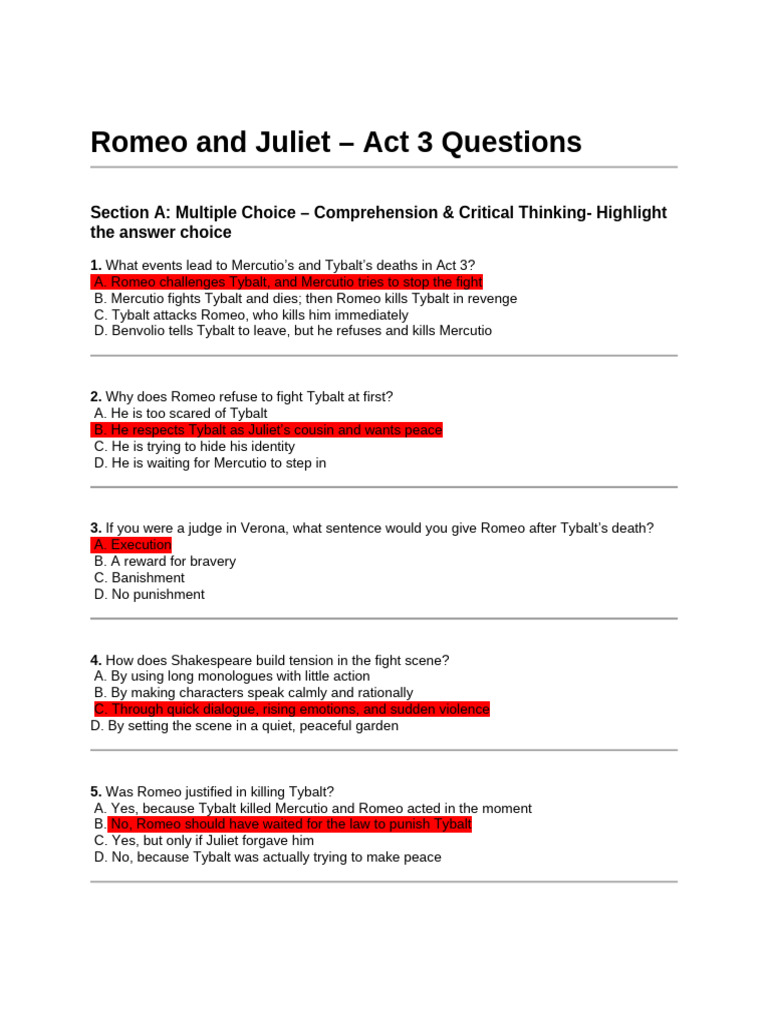 Romeo and Juliet - Act 3 Questions | PDF | Characters In Romeo And ...