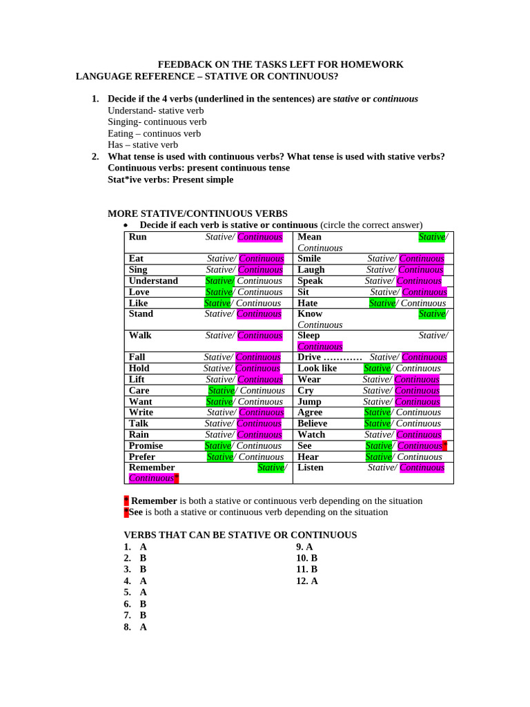 FEEDBACK ON THE TASKS LEFT FOR HOMEWORK Stative and Action Verbs | PDF ...