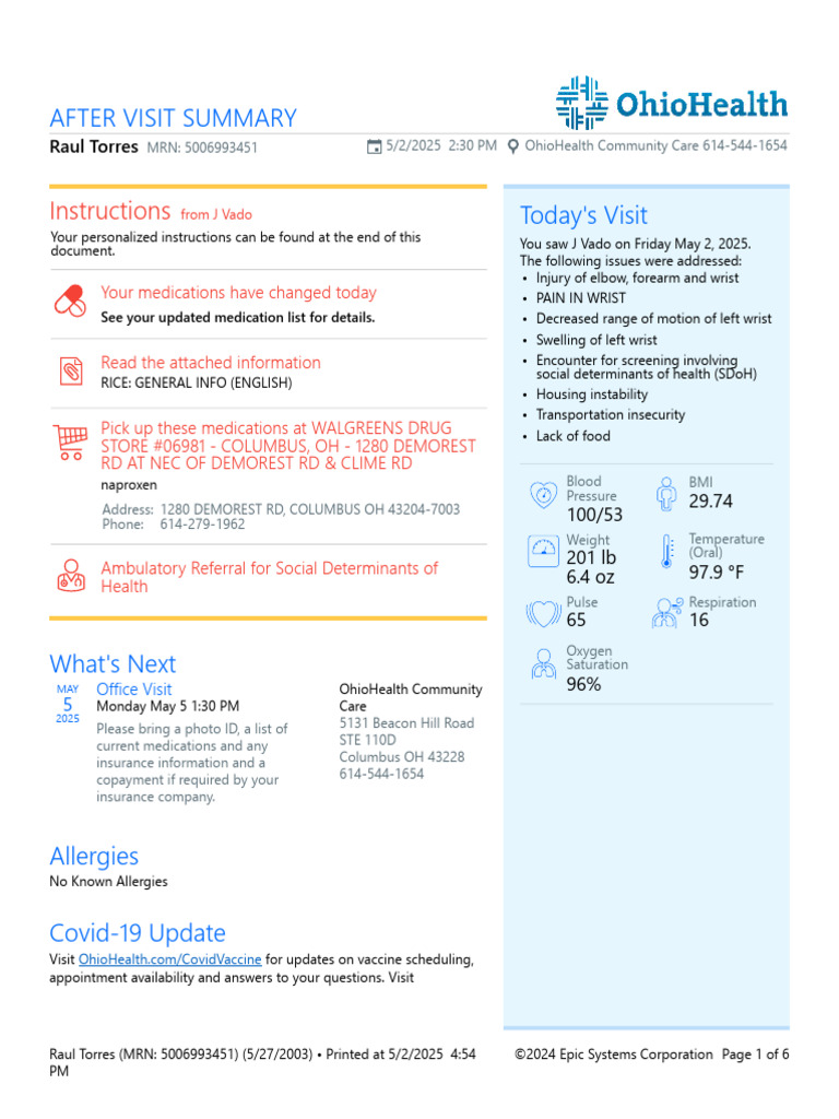 MyChart After Visit Summary for Raul Torres | PDF | Medical Specialties ...
